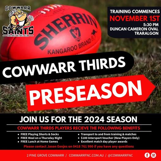 3rds Preseason Training Commences NOV 1ST - Cowwarr Football Netball Club
