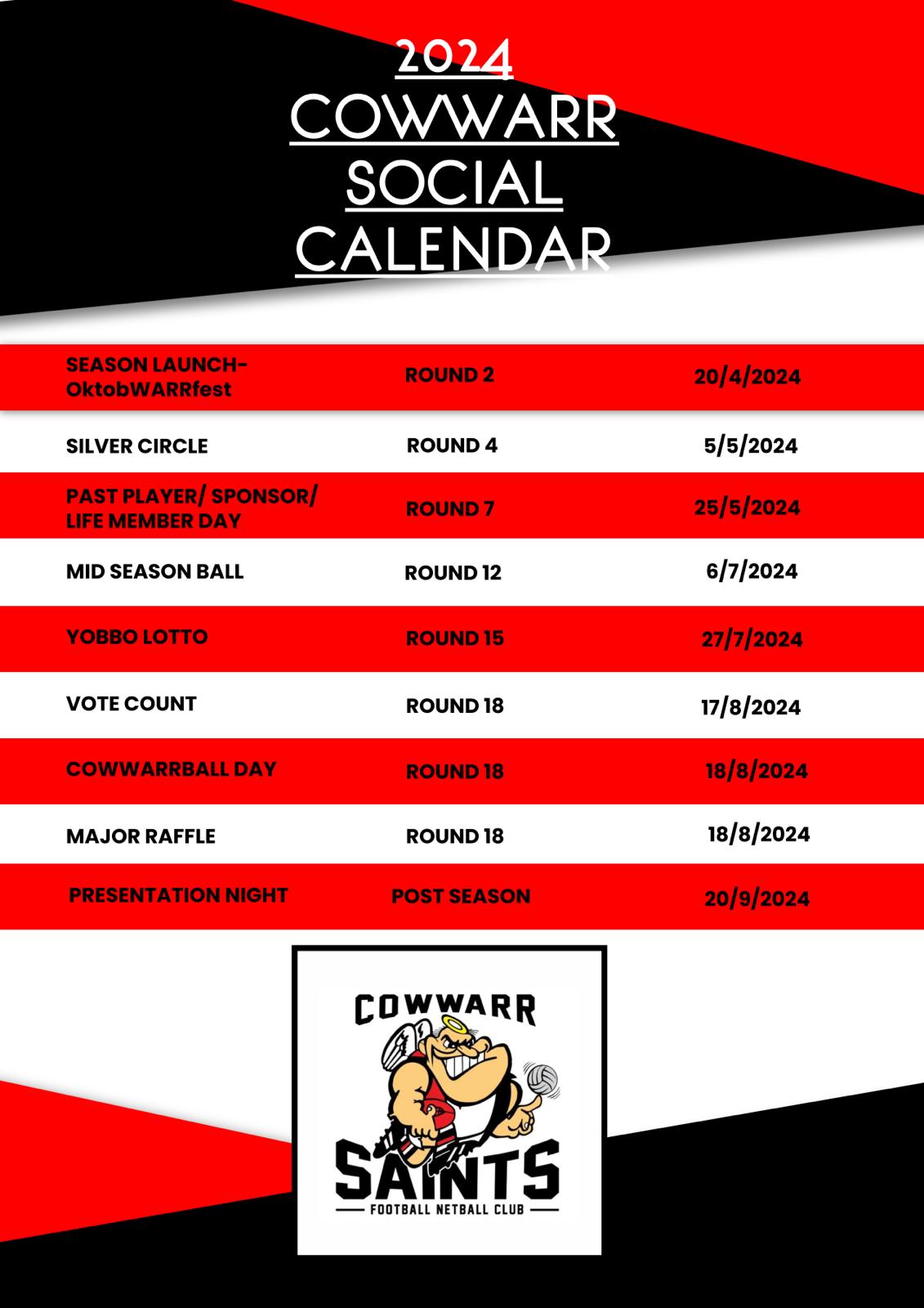 2024 Socal Calendar Released - Cowwarr Football Netball Club